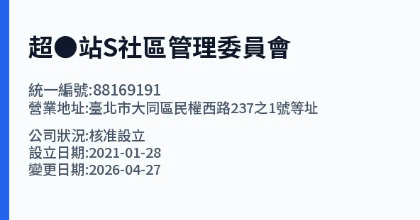超●站S社區管理委員會的照片-統編 88169191(臺北市) 公司登記資料與營業項目詳細圖表