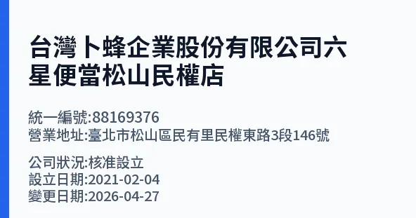 台灣卜蜂企業股份有限公司六星便當松山民權店的照片-統編 88169376(臺北市) 公司登記資料與營業項目詳細圖表
