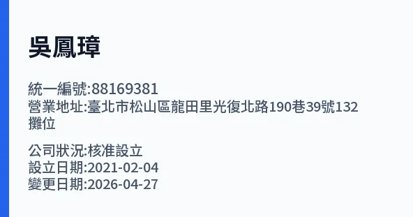 吳鳳璋的照片-統編 88169381(臺北市) 公司登記資料與營業項目詳細圖表