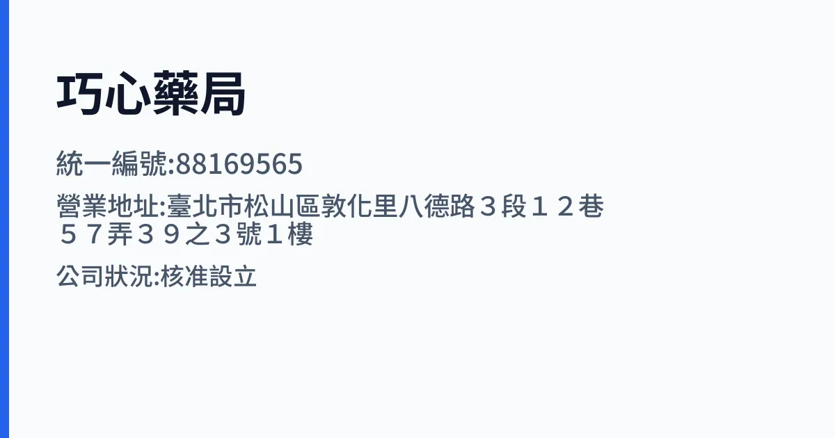 巧心藥局 - 統編 88169565(臺北市) 公司登記資料與營業項目詳細圖表