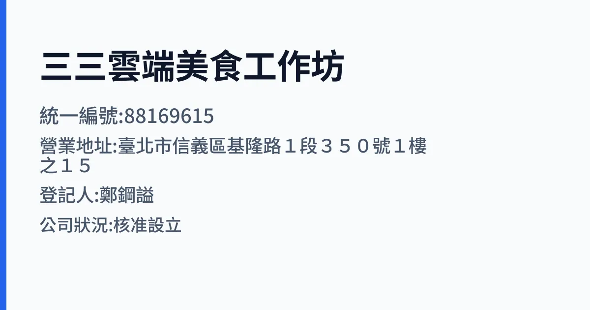 三三雲端美食工作坊 - 統編 88169615(臺北市) 公司登記資料與營業項目詳細圖表