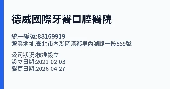 德威國際牙醫口腔醫院的照片-統編 88169919(臺北市) 公司登記資料與營業項目詳細圖表
