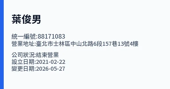 葉俊男的照片-統編 88171083(臺北市) 公司登記資料與營業項目詳細圖表