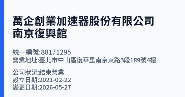 萬企創業加速器股份有限公司南京復興館的照片-統編 88171295(臺北市) 公司登記資料與營業項目詳細圖表