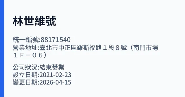 林世維號的照片-統編 88171540(臺北市) 公司登記資料與營業項目詳細圖表