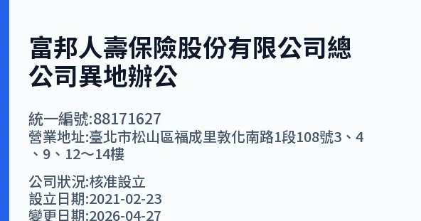 富邦人壽保險股份有限公司總公司異地辦公的照片-統編 88171627(臺北市) 公司登記資料與營業項目詳細圖表