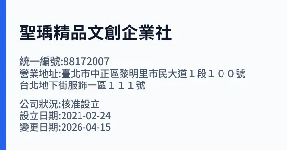 聖瑀精品文創企業社的照片-統編 88172007(臺北市) 公司登記資料與營業項目詳細圖表