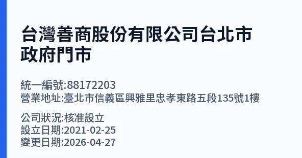 台灣善商股份有限公司台北市政府門市的照片-統編 88172203(臺北市) 公司登記資料與營業項目詳細圖表