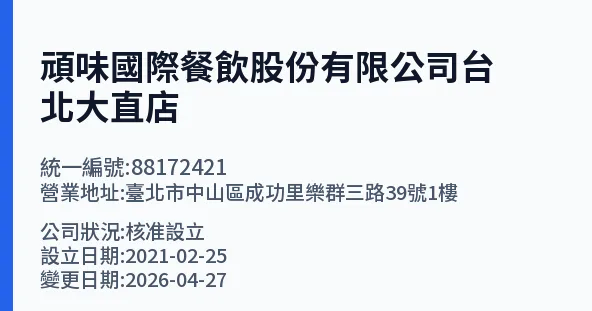 頑味國際餐飲股份有限公司台北大直店的照片-統編 88172421(臺北市) 公司登記資料與營業項目詳細圖表