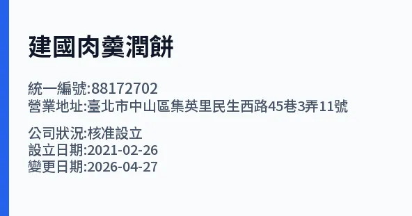 建國肉羹潤餅的照片-統編 88172702(臺北市) 公司登記資料與營業項目詳細圖表