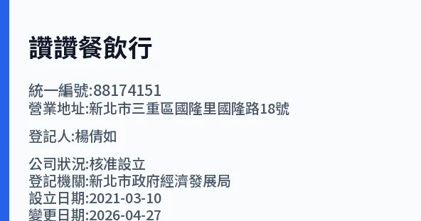 讚讚餐飲行的照片-統編 88174151(新北市) 公司登記資料與營業項目詳細圖表