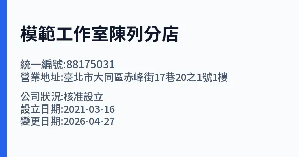 模範工作室陳列分店的照片-統編 88175031(臺北市) 公司登記資料與營業項目詳細圖表