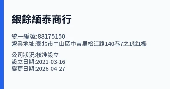 銀餘緬泰商行的照片-統編 88175150(臺北市) 公司登記資料與營業項目詳細圖表