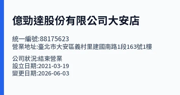 億勁達股份有限公司大安店的照片-統編 88175623(臺北市) 公司登記資料與營業項目詳細圖表