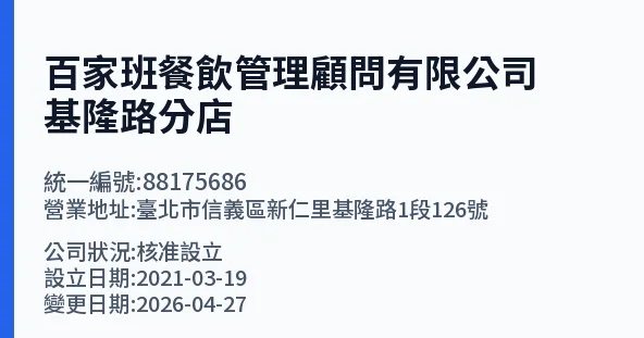 百家班餐飲管理顧問有限公司基隆路分店的照片-統編 88175686(臺北市) 公司登記資料與營業項目詳細圖表