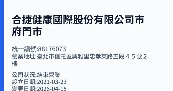 合捷健康國際股份有限公司市府門市的照片-統編 88176073(臺北市) 公司登記資料與營業項目詳細圖表