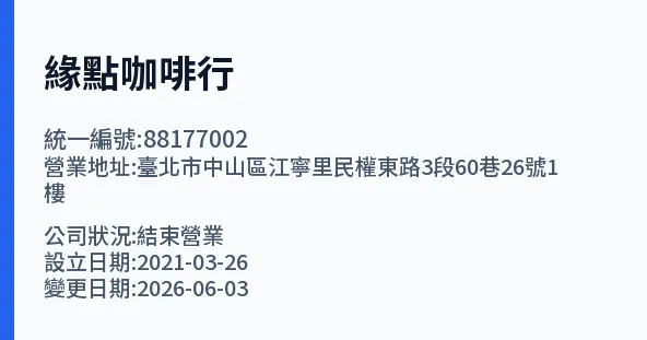 緣點咖啡行的照片-統編 88177002(臺北市) 公司登記資料與營業項目詳細圖表