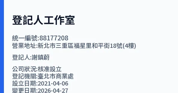 登記人工作室的照片-統編 88177208(新北市) 公司登記資料與營業項目詳細圖表