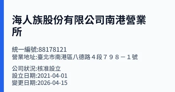 海人族股份有限公司南港營業所的照片-統編 88178121(臺北市) 公司登記資料與營業項目詳細圖表