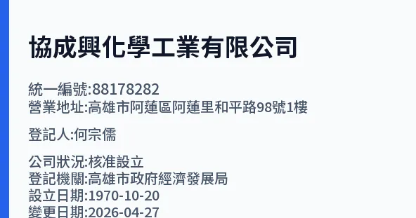 協成興化學工業有限公司的照片-統編 88178282(高雄市) 公司登記資料與營業項目詳細圖表