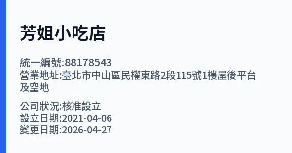 芳姐小吃店的照片-統編 88178543(臺北市) 公司登記資料與營業項目詳細圖表