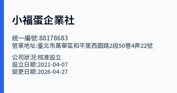 小福蛋企業社的照片-統編 88178683(臺北市) 公司登記資料與營業項目詳細圖表