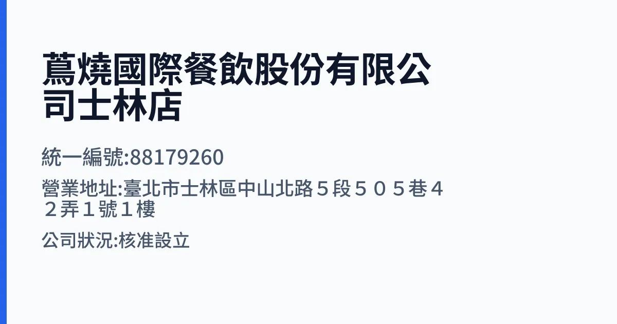 蔦燒國際餐飲股份有限公司士林店 - 統編 88179260(臺北市) 公司登記資料與營業項目詳細圖表