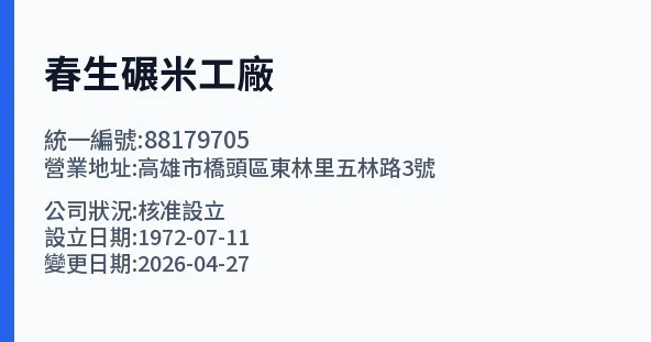 春生碾米工廠的照片-統編 88179705(高雄市) 公司登記資料與營業項目詳細圖表