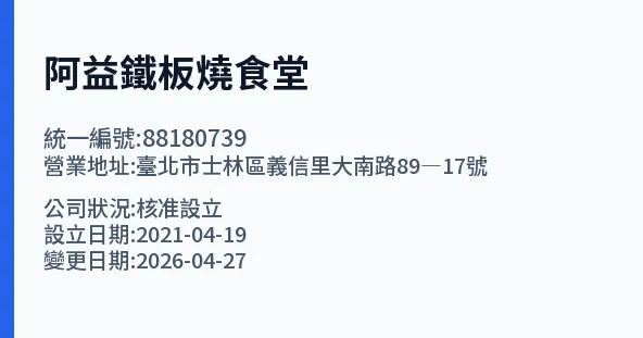 阿益鐵板燒食堂的照片-統編 88180739(臺北市) 公司登記資料與營業項目詳細圖表