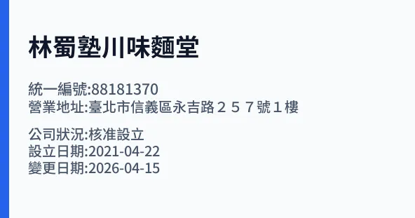 林蜀塾川味麵堂的照片-統編 88181370(臺北市) 公司登記資料與營業項目詳細圖表