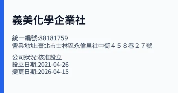 義美化學企業社的照片-統編 88181759(臺北市) 公司登記資料與營業項目詳細圖表