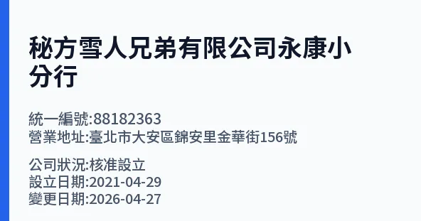 秘方雪人兄弟有限公司永康小分行的照片-統編 88182363(臺北市) 公司登記資料與營業項目詳細圖表