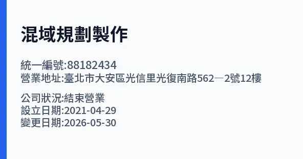 混域規劃製作的照片-統編 88182434(臺北市) 公司登記資料與營業項目詳細圖表