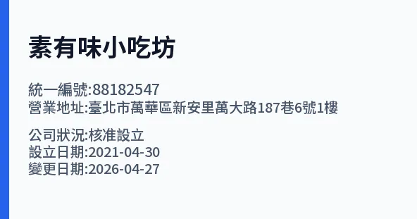 素有味小吃坊的照片-統編 88182547(臺北市) 公司登記資料與營業項目詳細圖表
