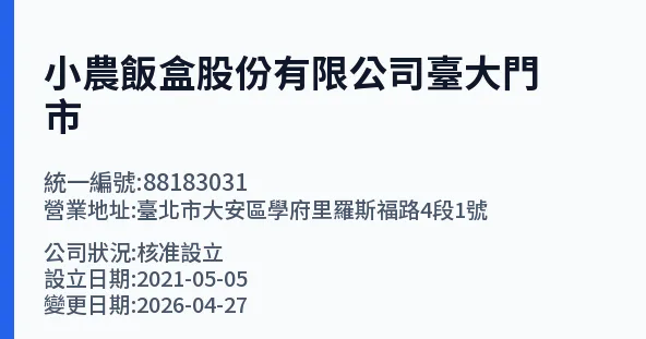 小農飯盒股份有限公司臺大門市的照片-統編 88183031(臺北市) 公司登記資料與營業項目詳細圖表