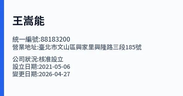 王嵩能的照片-統編 88183200(臺北市) 公司登記資料與營業項目詳細圖表