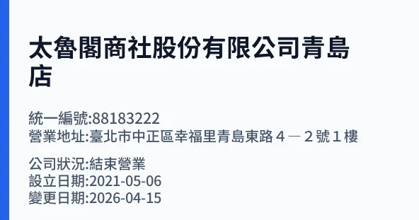 太魯閣商社股份有限公司青島店的照片-統編 88183222(臺北市) 公司登記資料與營業項目詳細圖表