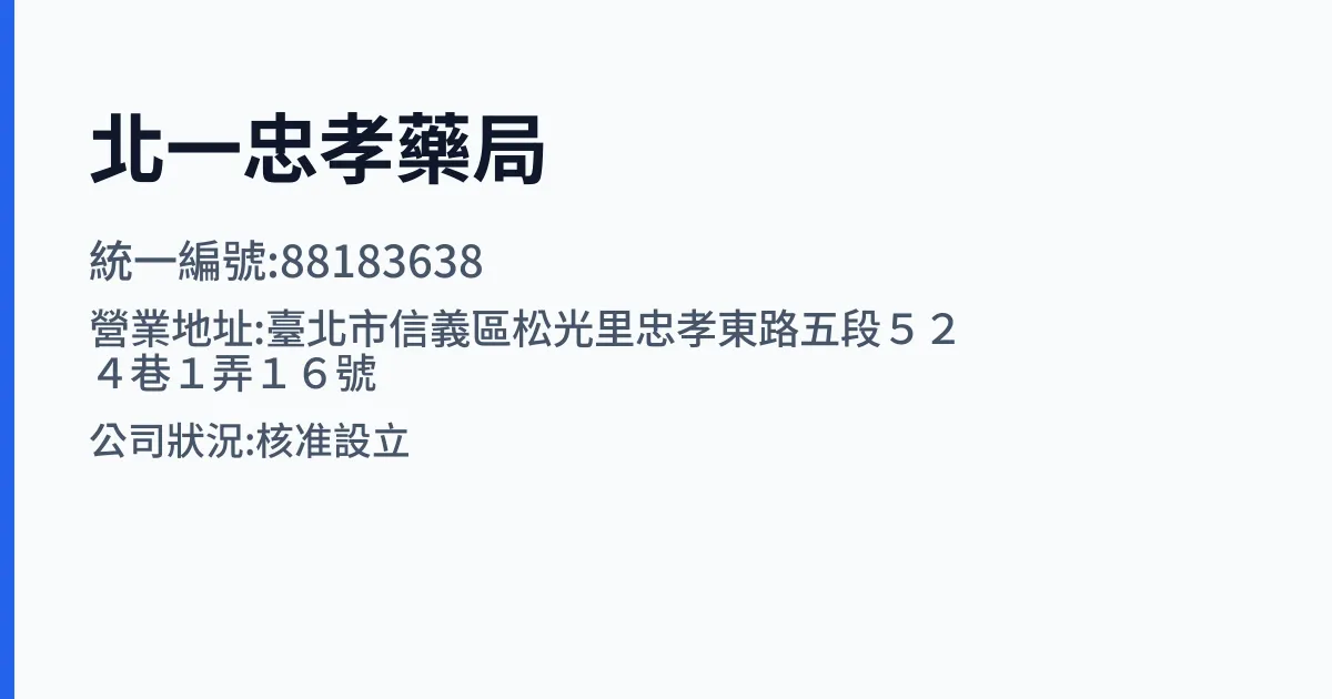 北一忠孝藥局 - 統編 88183638(臺北市) 公司登記資料與營業項目詳細圖表