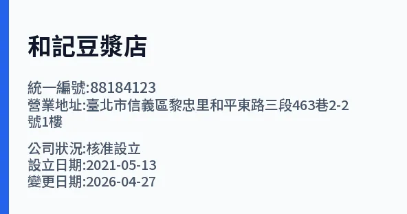 和記豆漿店的照片-統編 88184123(臺北市) 公司登記資料與營業項目詳細圖表