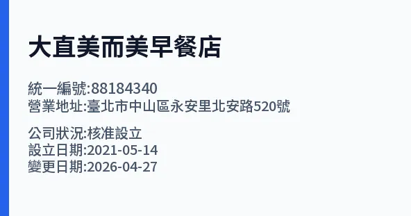 大直美而美早餐店的照片-統編 88184340(臺北市) 公司登記資料與營業項目詳細圖表