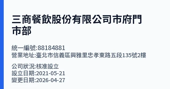 三商餐飲股份有限公司市府門市部的照片-統編 88184881(臺北市) 公司登記資料與營業項目詳細圖表