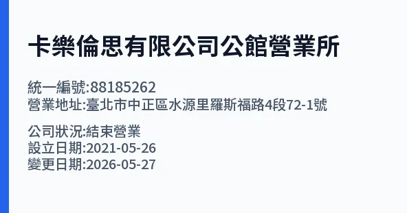 卡樂倫思有限公司公館營業所的照片-統編 88185262(臺北市) 公司登記資料與營業項目詳細圖表
