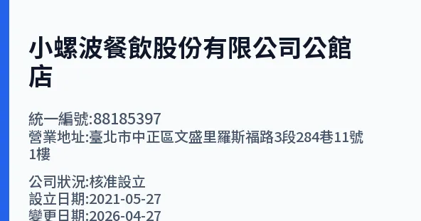 小螺波餐飲股份有限公司公館店的照片-統編 88185397(臺北市) 公司登記資料與營業項目詳細圖表