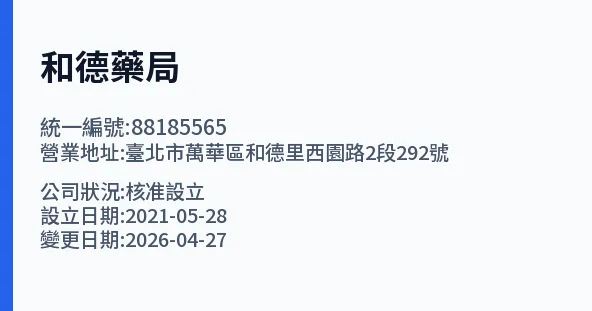 和德藥局的照片-統編 88185565(臺北市) 公司登記資料與營業項目詳細圖表