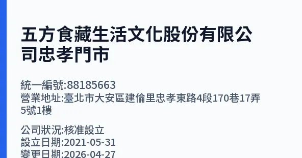 五方食藏生活文化股份有限公司忠孝門市的照片-統編 88185663(臺北市) 公司登記資料與營業項目詳細圖表
