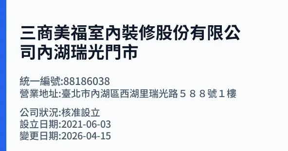 三商美福室內裝修股份有限公司內湖瑞光門市的照片-統編 88186038(臺北市) 公司登記資料與營業項目詳細圖表