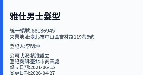 雅仕男士髮型的照片-統編 88186945(臺北市) 公司登記資料與營業項目詳細圖表