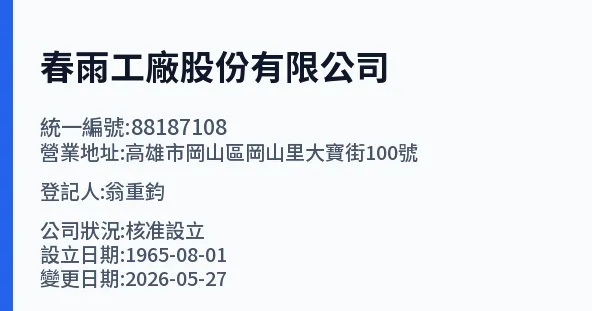 春雨工廠股份有限公司的照片-統編 88187108(高雄市) 公司登記資料與營業項目詳細圖表