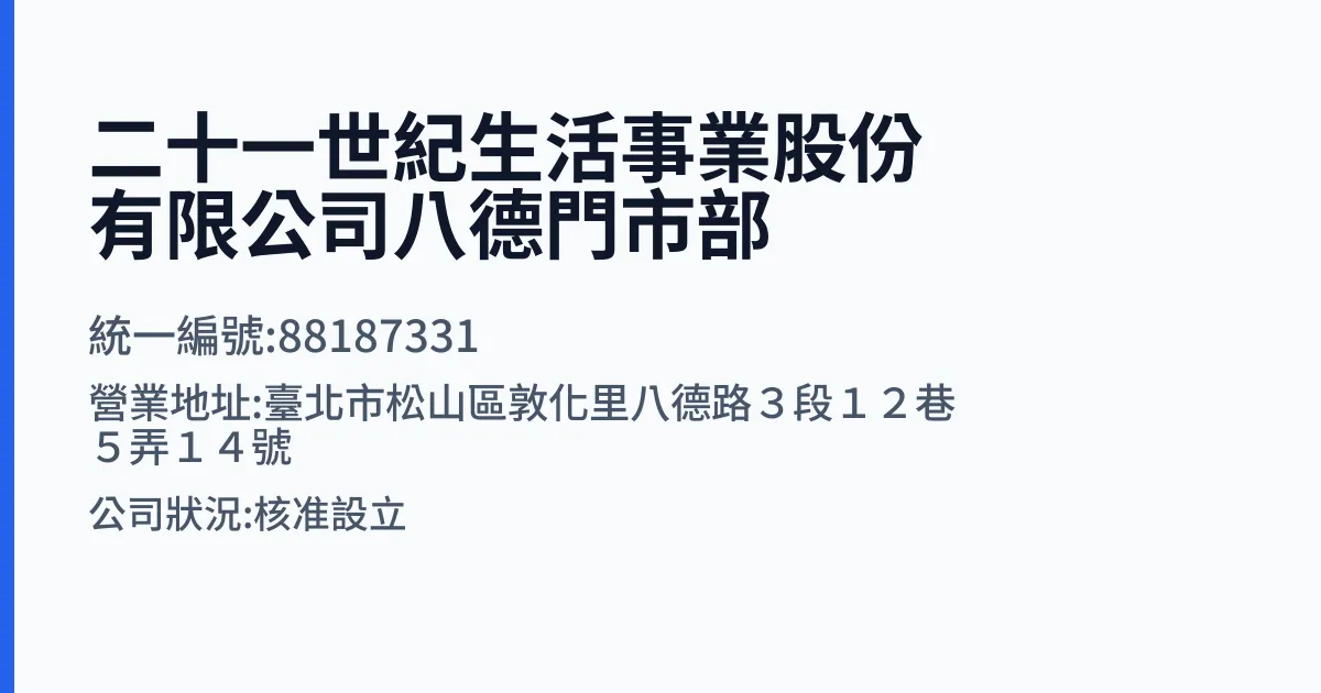 二十一世紀生活事業股份有限公司八德門市部 - 統編 88187331(臺北市) 公司登記資料與營業項目詳細圖表