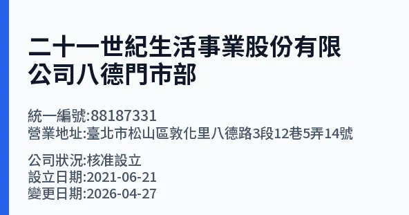 二十一世紀生活事業股份有限公司八德門市部的照片-統編 88187331(臺北市) 公司登記資料與營業項目詳細圖表
